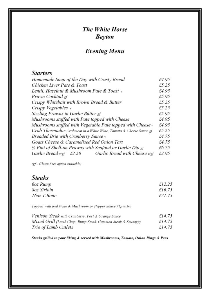Menus - The White Horse at Beyton
