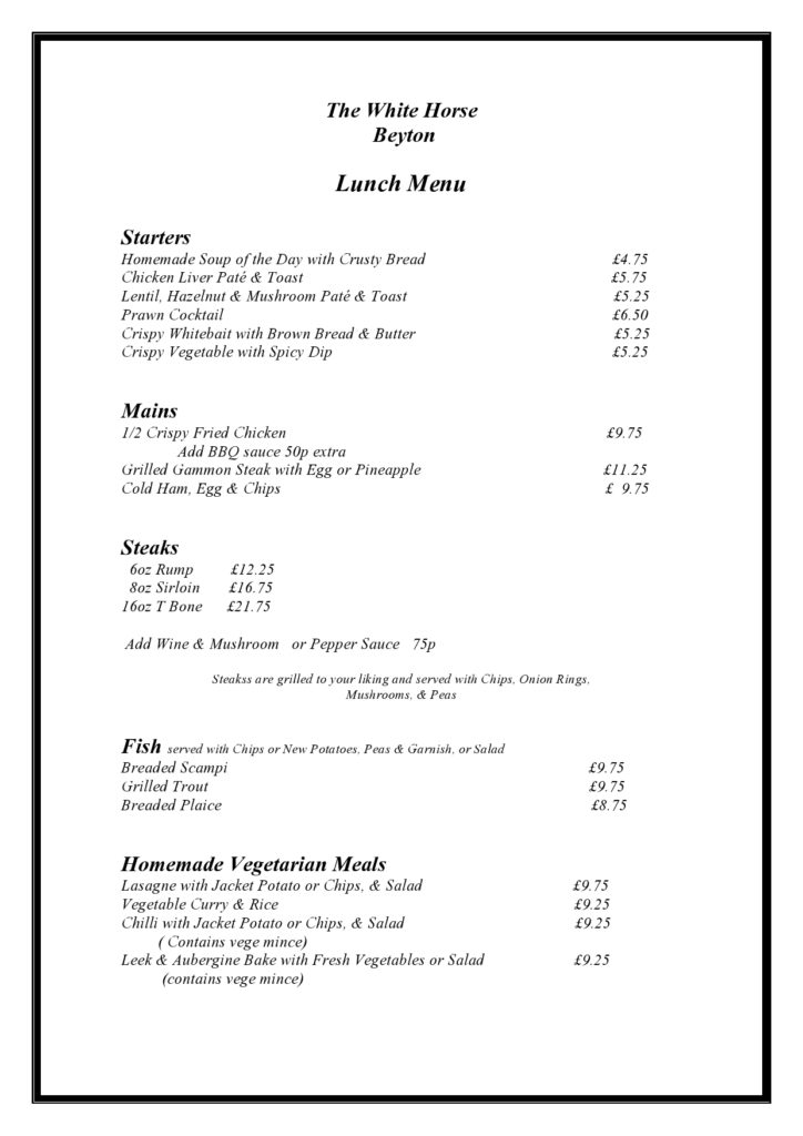 Menus - The White Horse at Beyton
