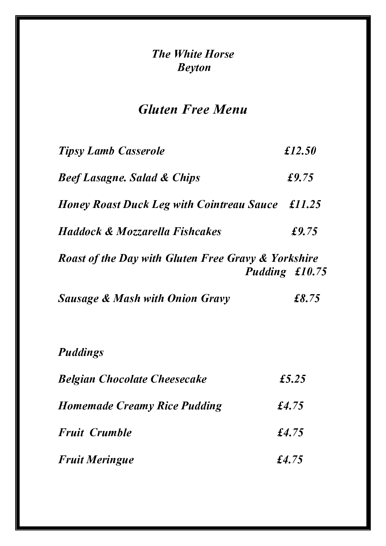 Menus - The White Horse at Beyton
