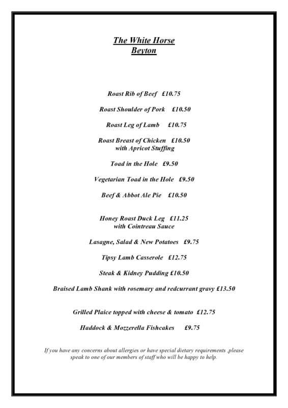 Menus - The White Horse at Beyton