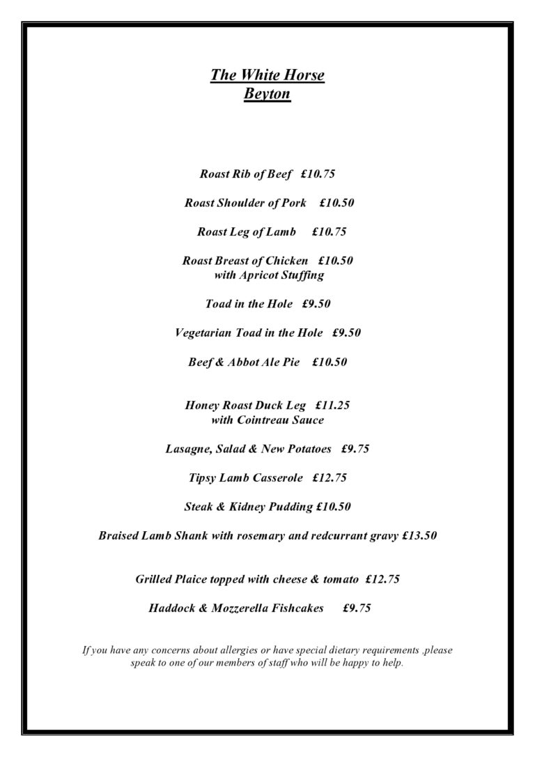 Menus - The White Horse at Beyton