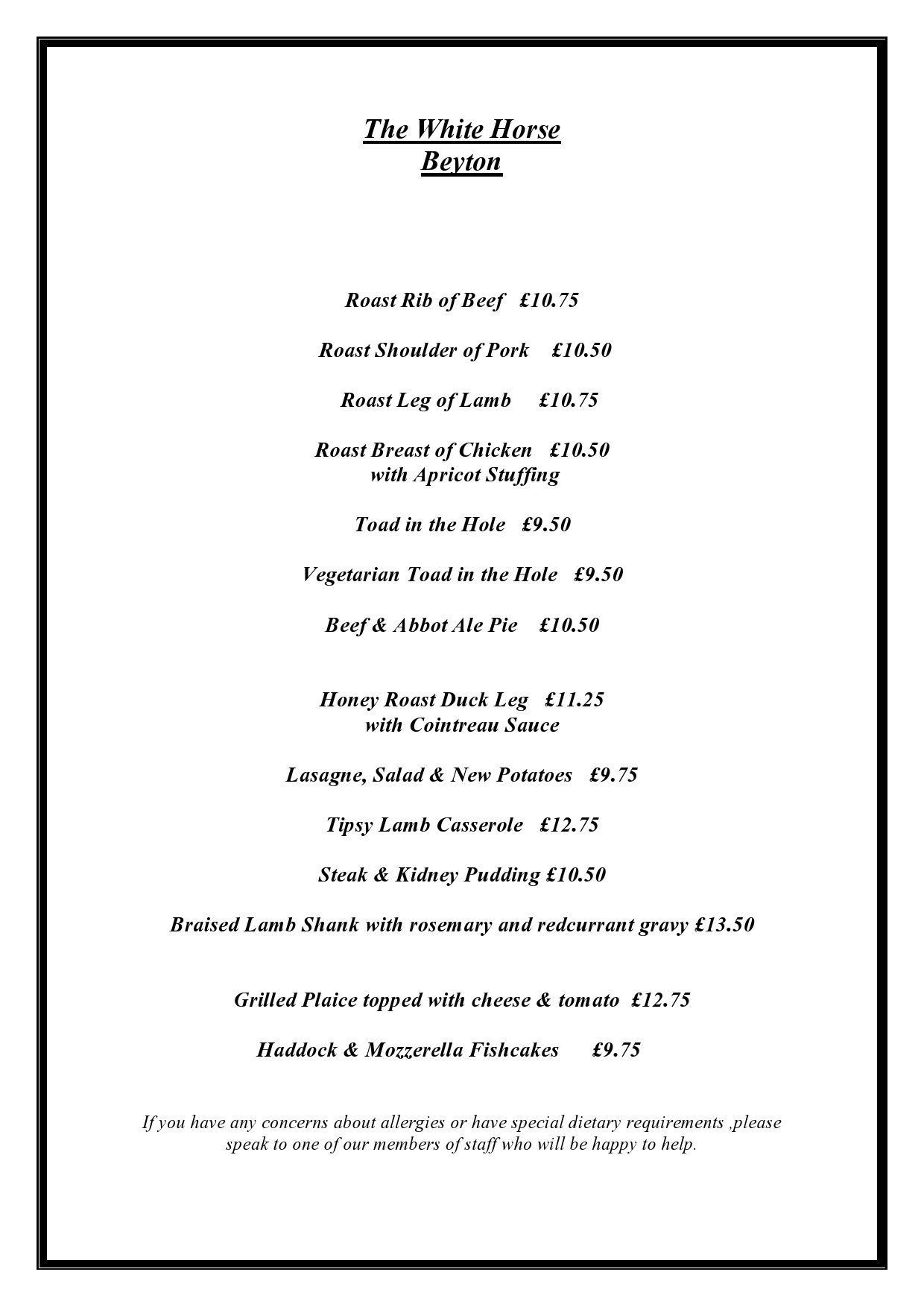 Menus - The White Horse at Beyton