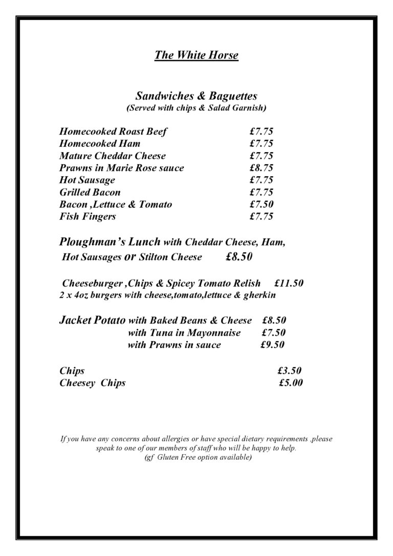 Menus - The White Horse at Beyton