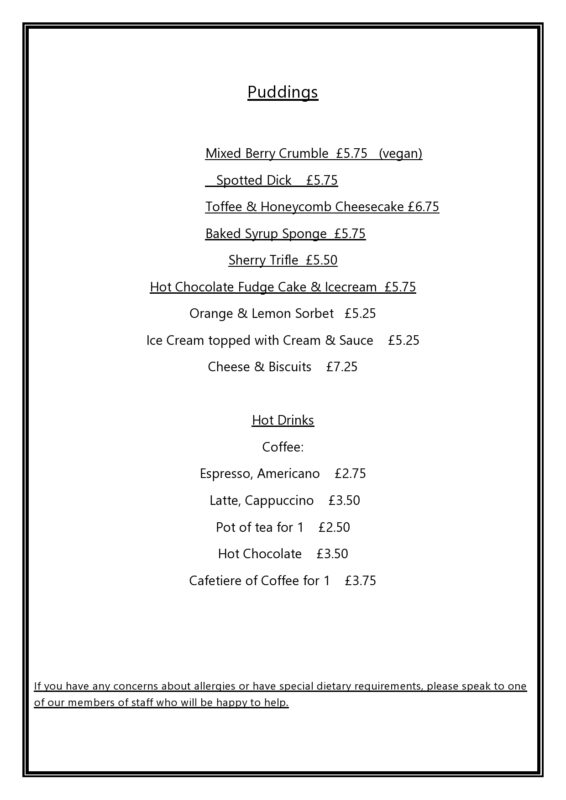 Menus - The White Horse at Beyton
