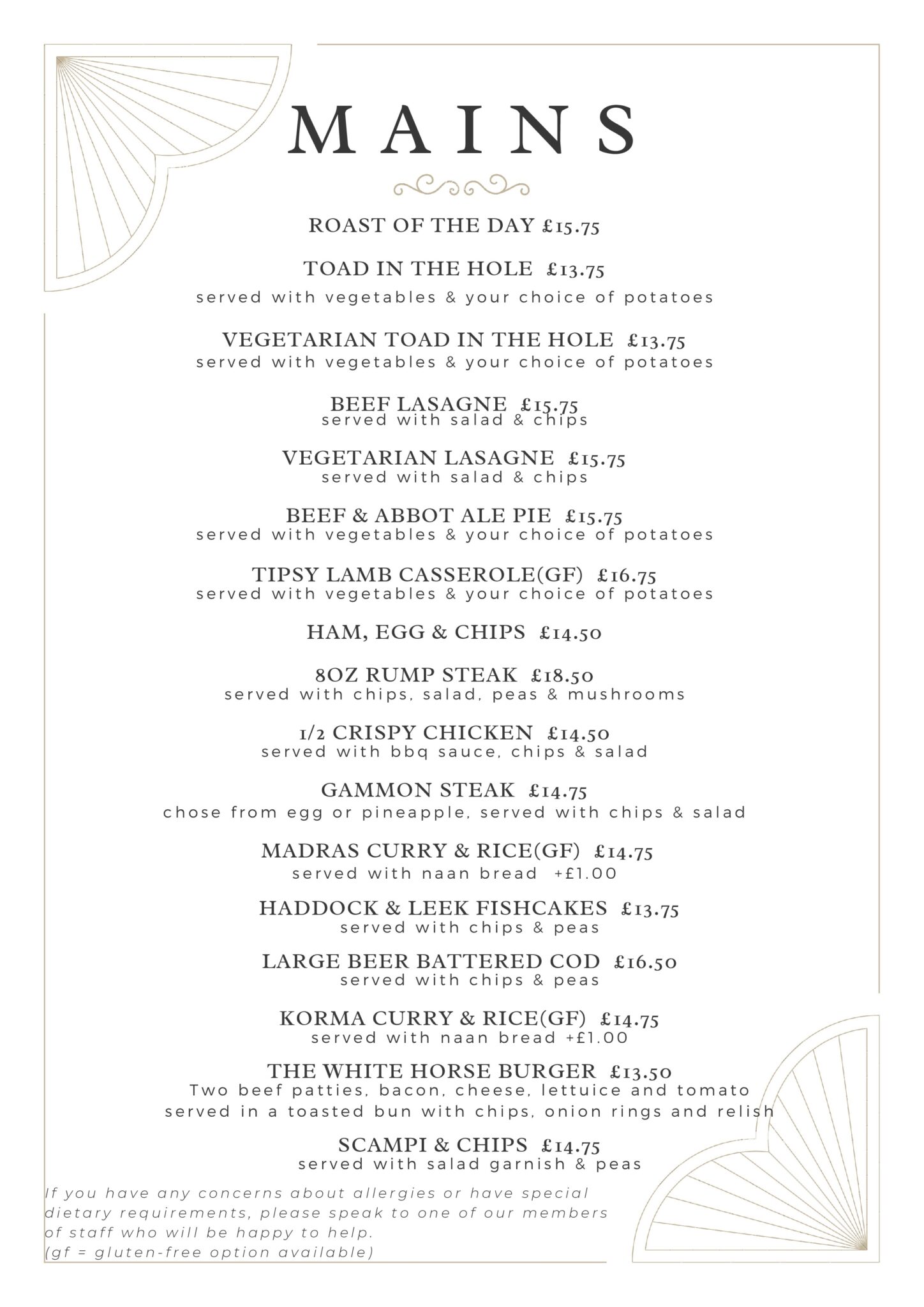 Menus - The White Horse at Beyton